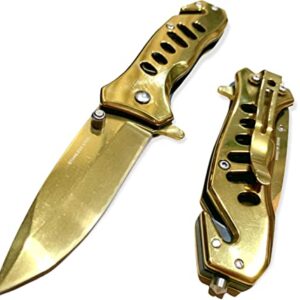 Super Knife 6.75" Gold Coated Spring Assisted Open Blade EDC Folding Pocket knife, Straight Edge Blade (Gold)