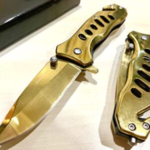 Super Knife 6.75" Gold Coated Spring Assisted Open Blade EDC Folding Pocket knife, Straight Edge Blade (Gold)