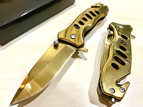 Super Knife 6.75" Gold Coated Spring Assisted Open Blade EDC Folding Pocket knife, Straight Edge Blade (Gold)