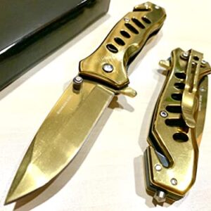 Super Knife 6.75" Gold Coated Spring Assisted Open Blade EDC Folding Pocket knife, Straight Edge Blade (Gold)