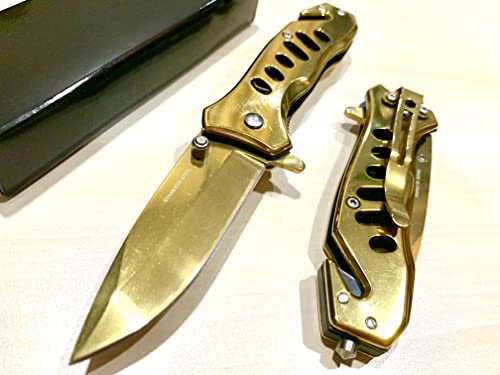 Super Knife 6.75" Gold Coated Spring Assisted Open Blade EDC Folding Pocket knife, Straight Edge Blade (Gold)