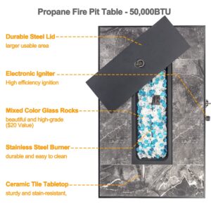 AJ Enjoy 32'' Propane Fire Pit Table, Marble Textured Ceramic Tabletop, 50,000 BTU Fire Table with Brown Wicker, Mix Color Glass Rocks, Including Lid&Cover, Rectangle, Tank Required to Be Kept Outside