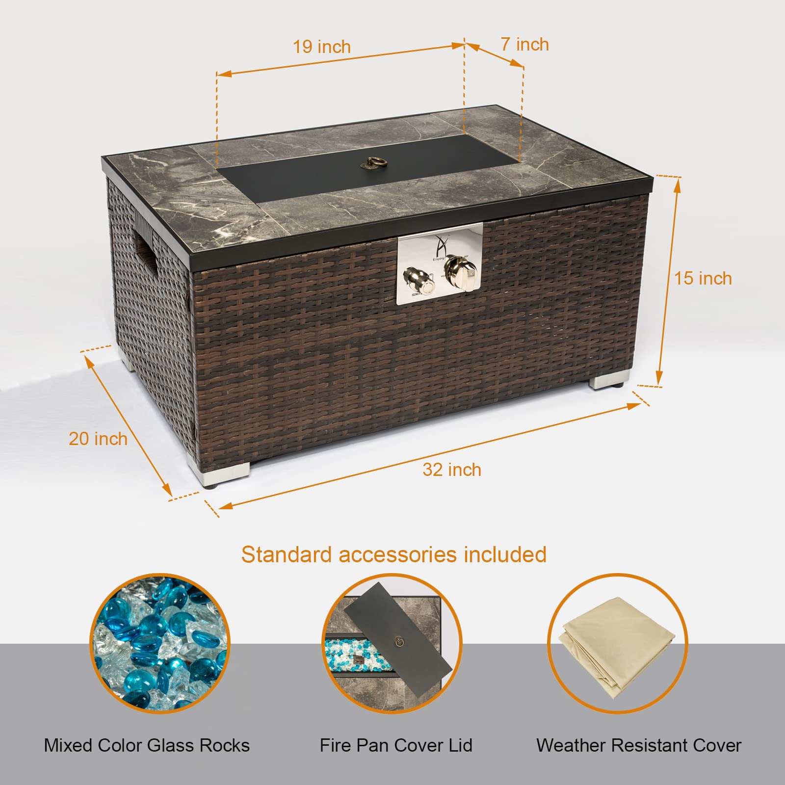 AJ Enjoy 32'' Propane Fire Pit Table, Marble Textured Ceramic Tabletop, 50,000 BTU Fire Table with Brown Wicker, Mix Color Glass Rocks, Including Lid&Cover, Rectangle, Tank Required to Be Kept Outside