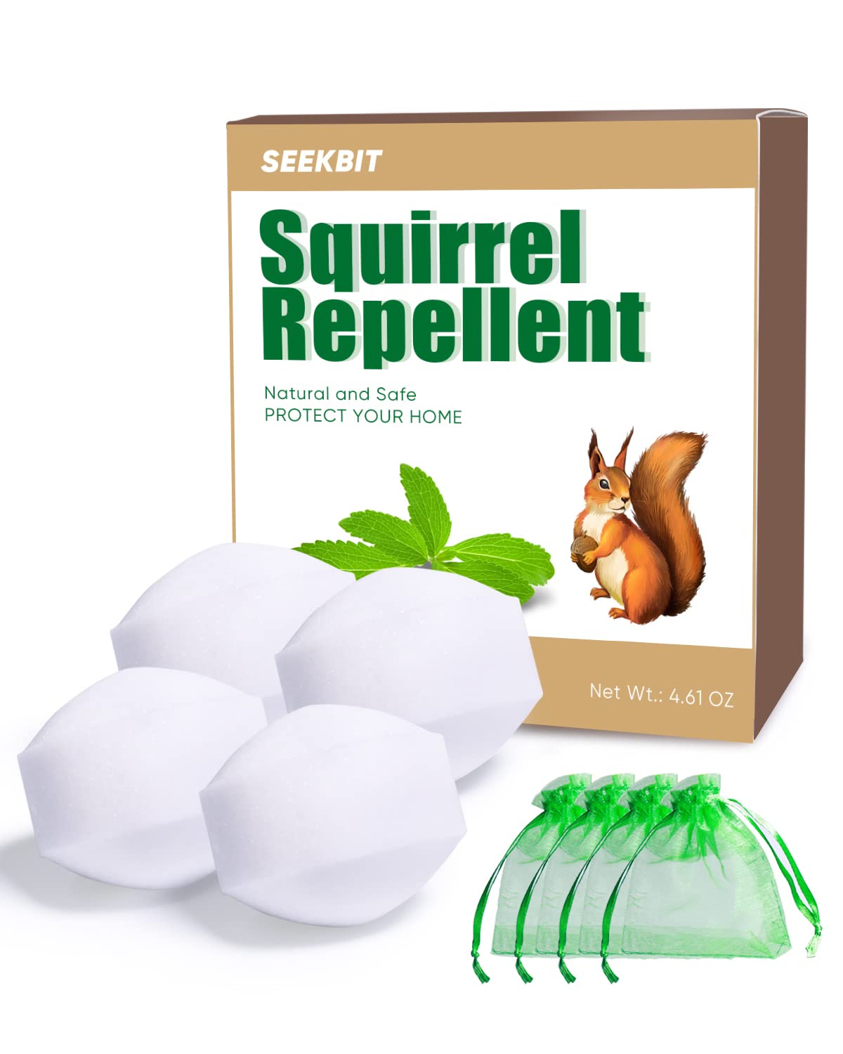 SEEKBIT 4 Pack Squirrel Repellent, Peppermint Garlic Keep Squirrel Out of Attic, Car, Engines, Roof, Outdoor Squirrel Deterrent Repels Chipmunk Rodent Mice Away from Garden, Yard, Warehouse