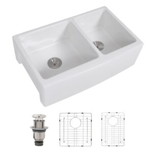 33 farmhouse sink double bowl, dcolora 33 inch farm kitchen sink apron front double bowl 60/40 white fireclay ceramic farm kitchen sink basin (33"x21"x10")