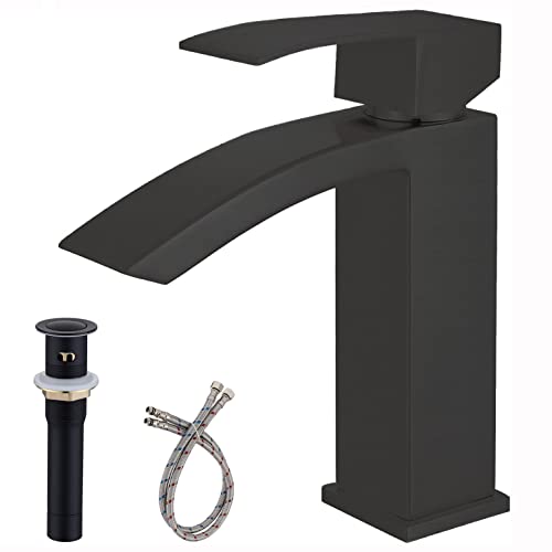 Friho Matte Black Waterfall Bathroom Faucet, Single Handle Black Bathroom Sink Faucet 1 Hole Basin Vanity Sink Faucet with Pop Up Drain and Water Hoses