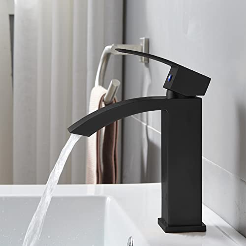 Friho Matte Black Waterfall Bathroom Faucet, Single Handle Black Bathroom Sink Faucet 1 Hole Basin Vanity Sink Faucet with Pop Up Drain and Water Hoses