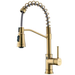 gimili gold touchless kitchen faucet with pull down sprayer, brushed brass motion sensor smart hands-free activated single hole spring faucet for kitchen sink