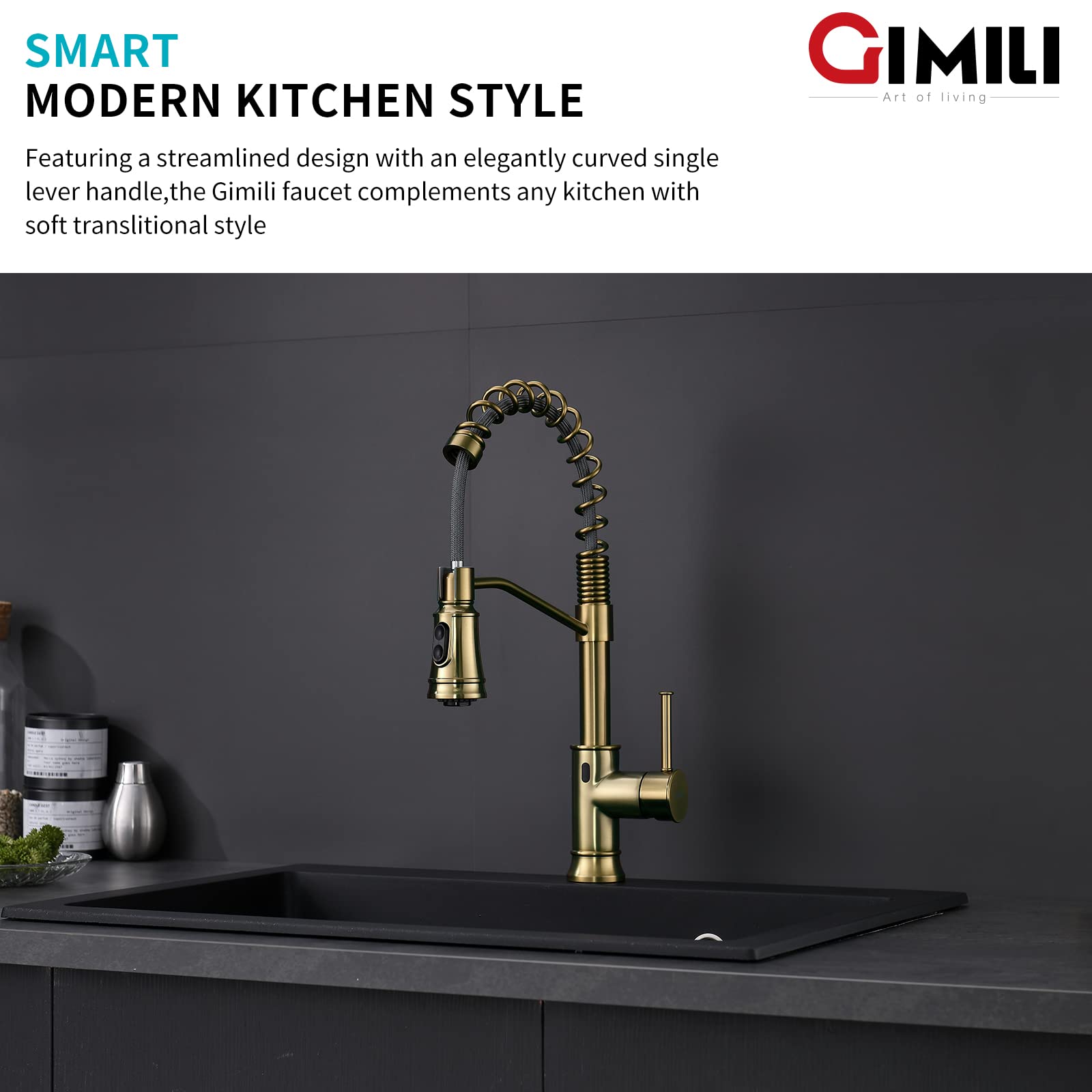 GIMILI Gold Touchless Kitchen Faucet with Pull Down Sprayer, Brushed Brass Motion Sensor Smart Hands-Free Activated Single Hole Spring Faucet for Kitchen Sink