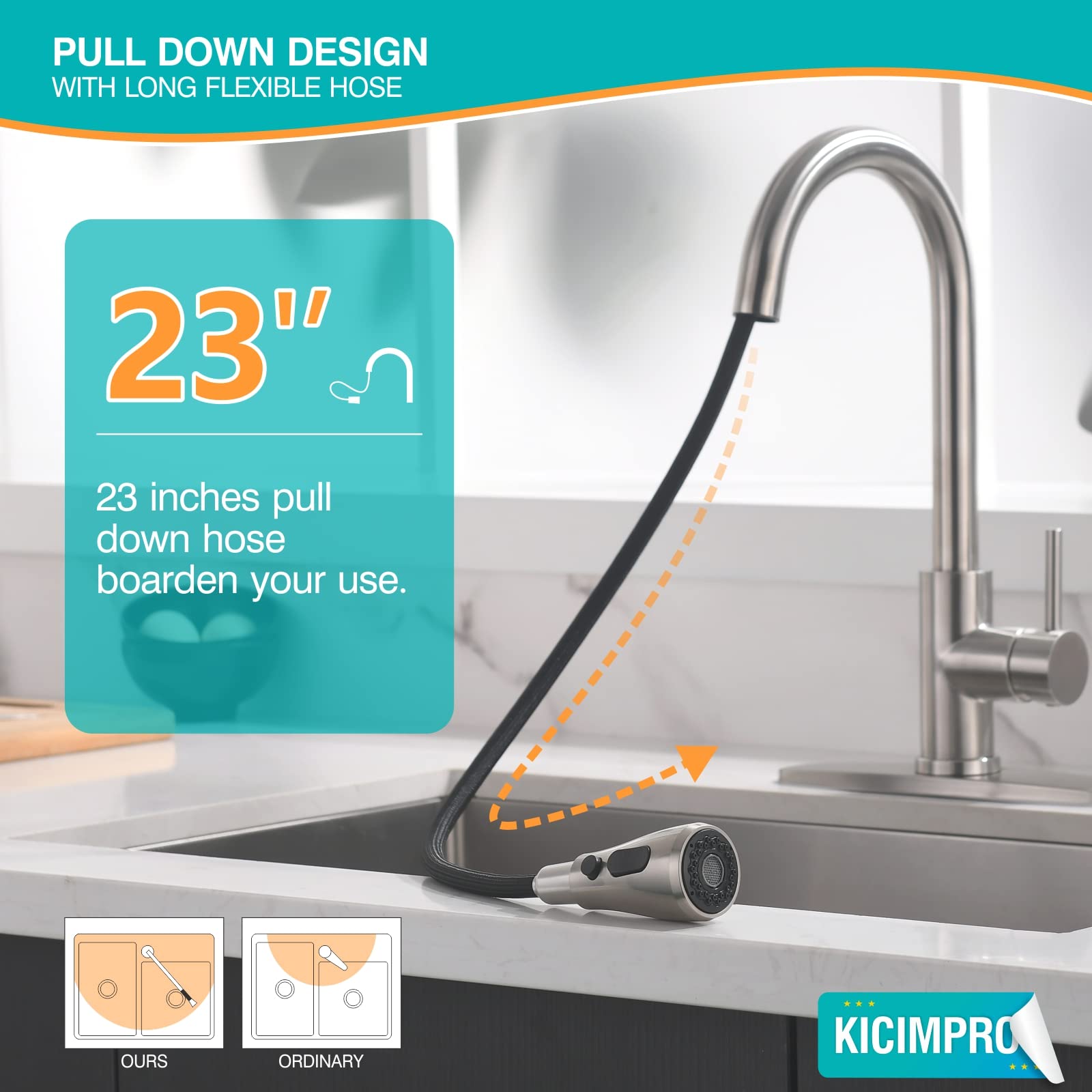 Kicimpro Kitchen Faucet with Pull Down Sprayer Brushed Nickel, High Arc Single Handle Kitchen Sink Faucet with Faucet Plate and 1/2 to 3/8 Reducer