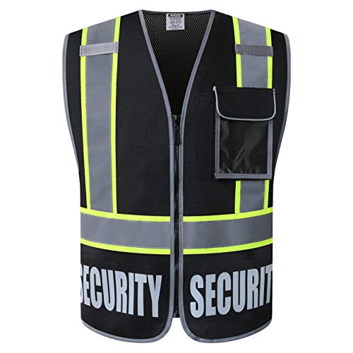 HATAUNKI Retro-Reflection Security Safety Vests Heavy Duty Black Mesh with 5 Pockets and Front Zipper Meet ANSI/ISEA 107-2015 (Black-22, 3X-Large)