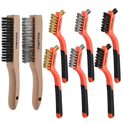 ValueMax Wire Brush Set, 8Pcs Stainless Steel/Brass/Nylon Bristles with Curved Handle Grip, Heavy Duty Stainless Steel Wire Scratch Brush with Beechwood Handle for Rust, Dirt and Paint Cleaning