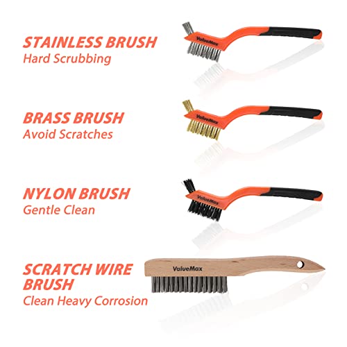 ValueMax Wire Brush Set, 8Pcs Stainless Steel/Brass/Nylon Bristles with Curved Handle Grip, Heavy Duty Stainless Steel Wire Scratch Brush with Beechwood Handle for Rust, Dirt and Paint Cleaning