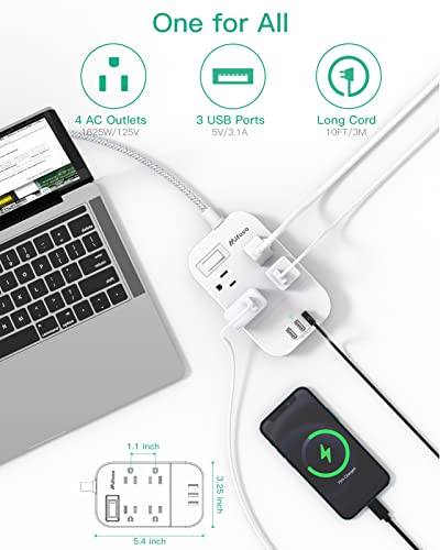 Power Strip Long Extension Cord - 10Ft Braided Extension Cord with Flat Plug, 4 Outlets and 3 USB Charging Ports, Overload Protection and Wall Mount for Home, Office