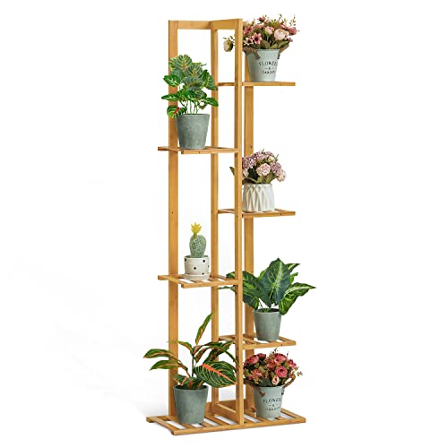 MoNiBloom 6 Tier Bamboo Plant Stand, Flowers Display Shelf Holder Organizer with 7 Pot Positions for Outdoor Indoor Balcony Patio Balcony, Natural