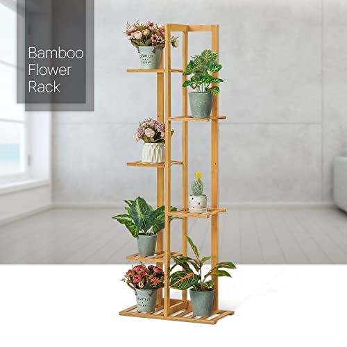 MoNiBloom 6 Tier Bamboo Plant Stand, Flowers Display Shelf Holder Organizer with 7 Pot Positions for Outdoor Indoor Balcony Patio Balcony, Natural