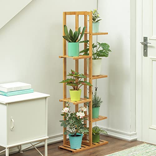 MoNiBloom 6 Tier Bamboo Plant Stand, Flowers Display Shelf Holder Organizer with 7 Pot Positions for Outdoor Indoor Balcony Patio Balcony, Natural