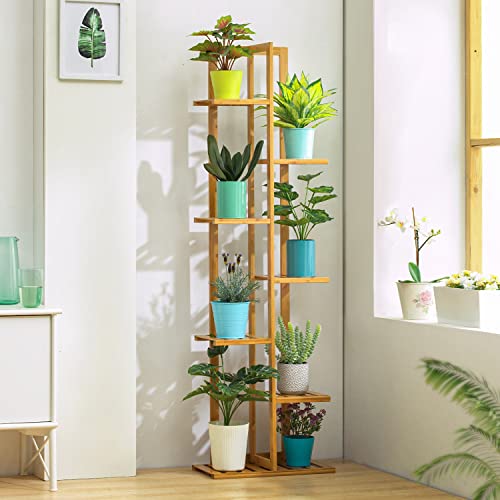 MoNiBloom 6 Tier Bamboo Plant Stand, Flowers Display Shelf Holder Organizer with 7 Pot Positions for Outdoor Indoor Balcony Patio Balcony, Natural