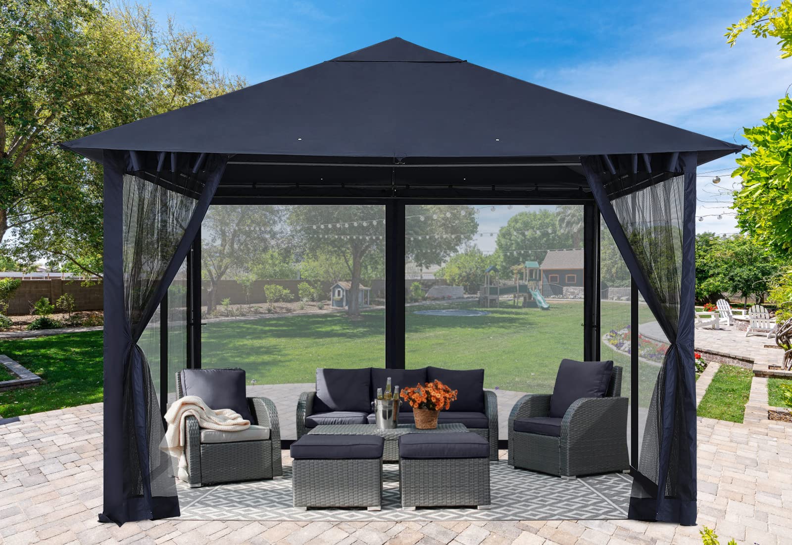 COOSHADE 10x10 Gazebos for Patios Outdoor Gazebo Canopy with Mosquito Netting(Navy Blue)