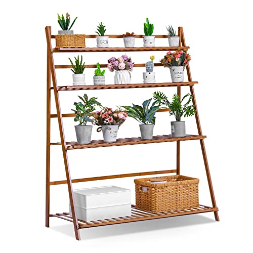 MoNiBloom Folding Bamboo Ladder Shelf 4 Tier Flower Pot Plant Display Rack Stand Organizer Holder for Home Garden Patio Balcony Indoor Outdoor Use, Brown