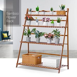 MoNiBloom Folding Bamboo Ladder Shelf 4 Tier Flower Pot Plant Display Rack Stand Organizer Holder for Home Garden Patio Balcony Indoor Outdoor Use, Brown