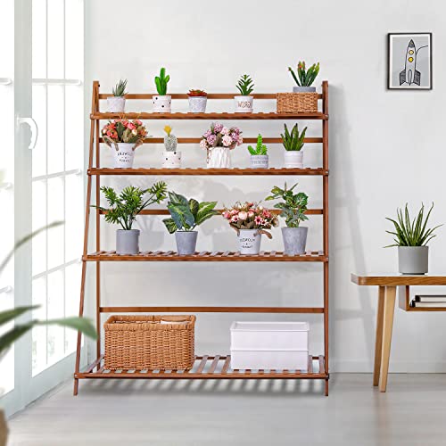 MoNiBloom Folding Bamboo Ladder Shelf 4 Tier Flower Pot Plant Display Rack Stand Organizer Holder for Home Garden Patio Balcony Indoor Outdoor Use, Brown