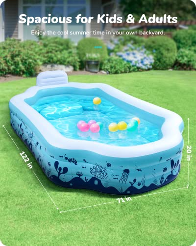 Inflatable Swimming Pool, Valwix 122" X 71" X 20" Full-Sized Family Blow Up Pools for Adults, Children, Above Ground Outdoor Garden Backyard Pool with Seat and Backrest, Summer Water Party for All