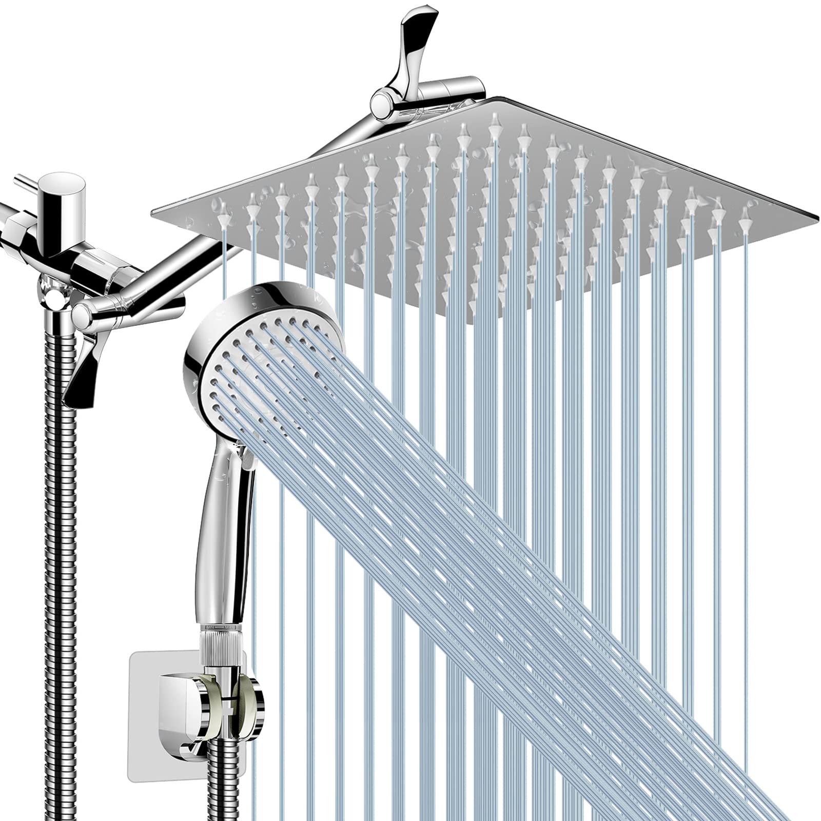 High Pressure Rainfall Shower Head, Rain Head with Height/Angle Adjustable Extension Arm and Handheld Combo, Koeka Flow Stainless Steel Powerful Spray Long Hose