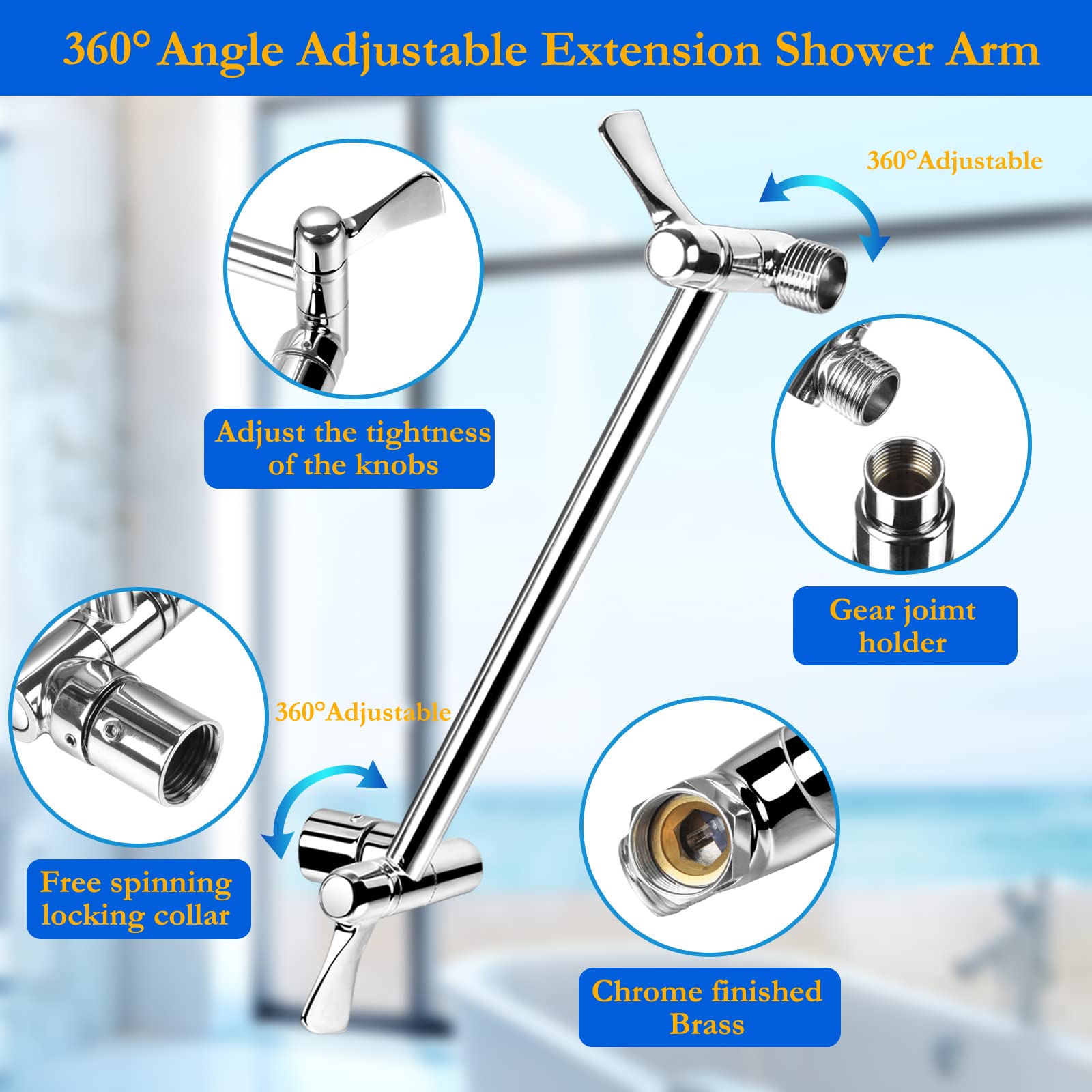 High Pressure Rainfall Shower Head, Rain Head with Height/Angle Adjustable Extension Arm and Handheld Combo, Koeka Flow Stainless Steel Powerful Spray Long Hose