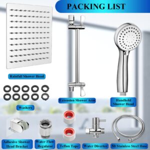 High Pressure Rainfall Shower Head, Rain Head with Height/Angle Adjustable Extension Arm and Handheld Combo, Koeka Flow Stainless Steel Powerful Spray Long Hose