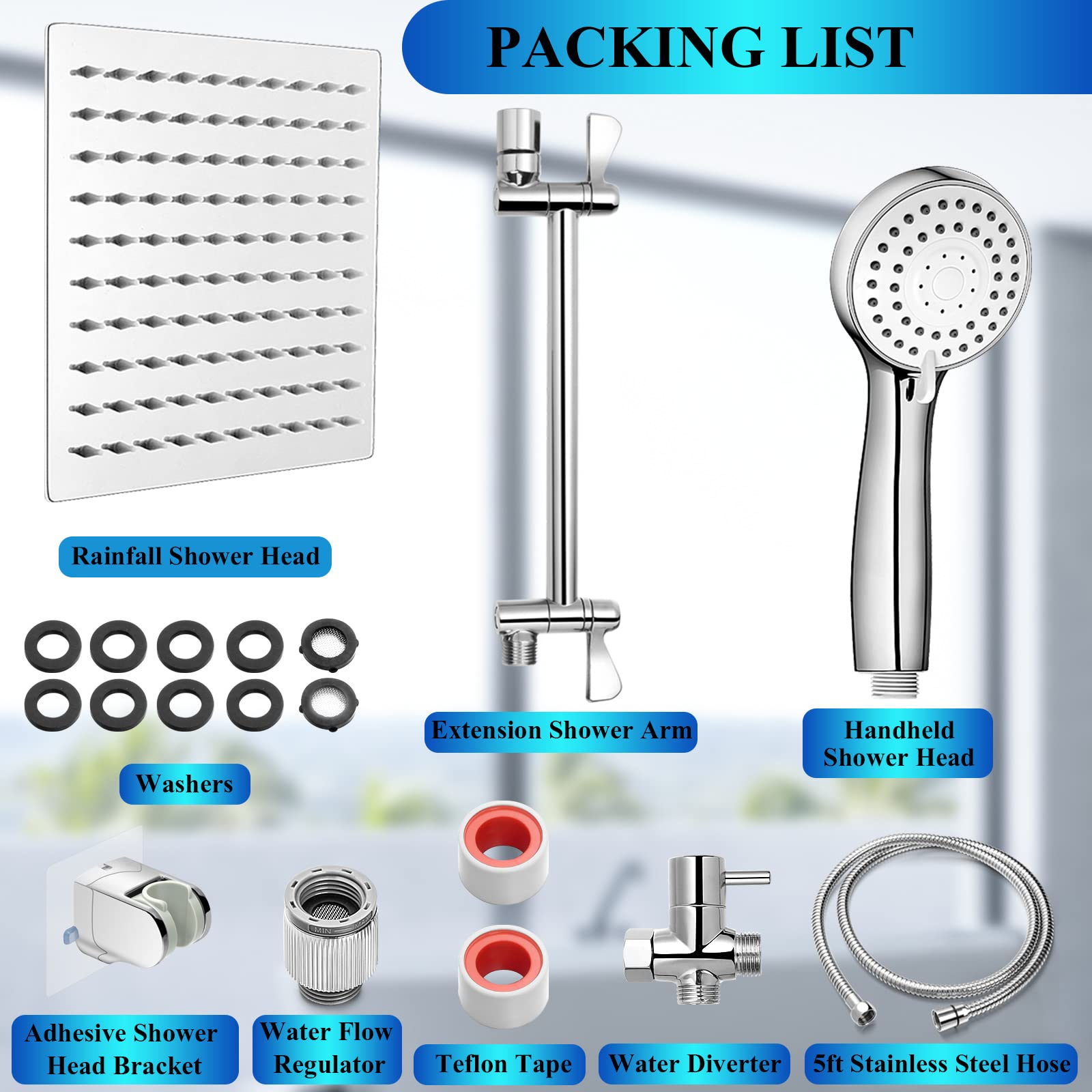 High Pressure Rainfall Shower Head, Rain Head with Height/Angle Adjustable Extension Arm and Handheld Combo, Koeka Flow Stainless Steel Powerful Spray Long Hose