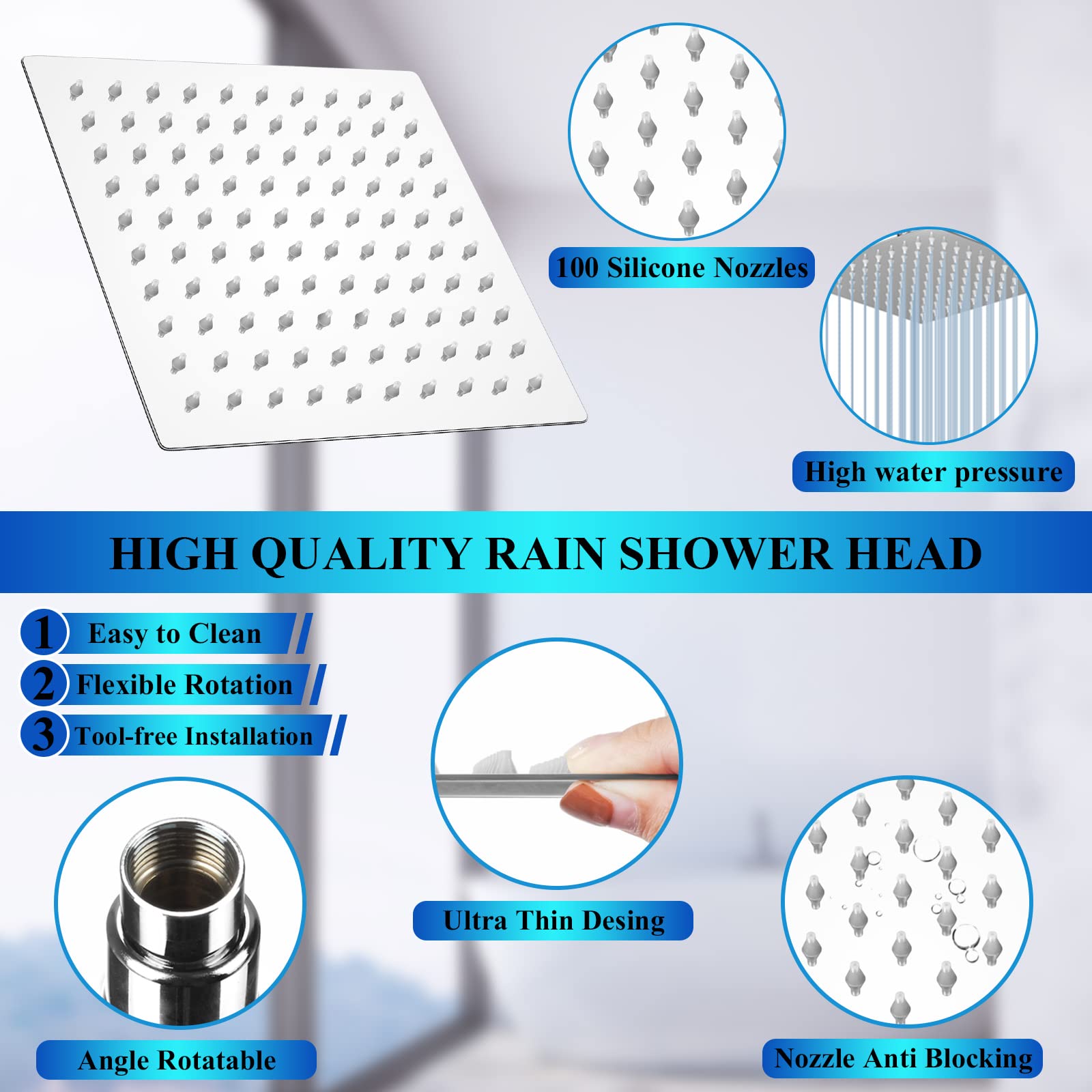 High Pressure Rainfall Shower Head, Rain Head with Height/Angle Adjustable Extension Arm and Handheld Combo, Koeka Flow Stainless Steel Powerful Spray Long Hose