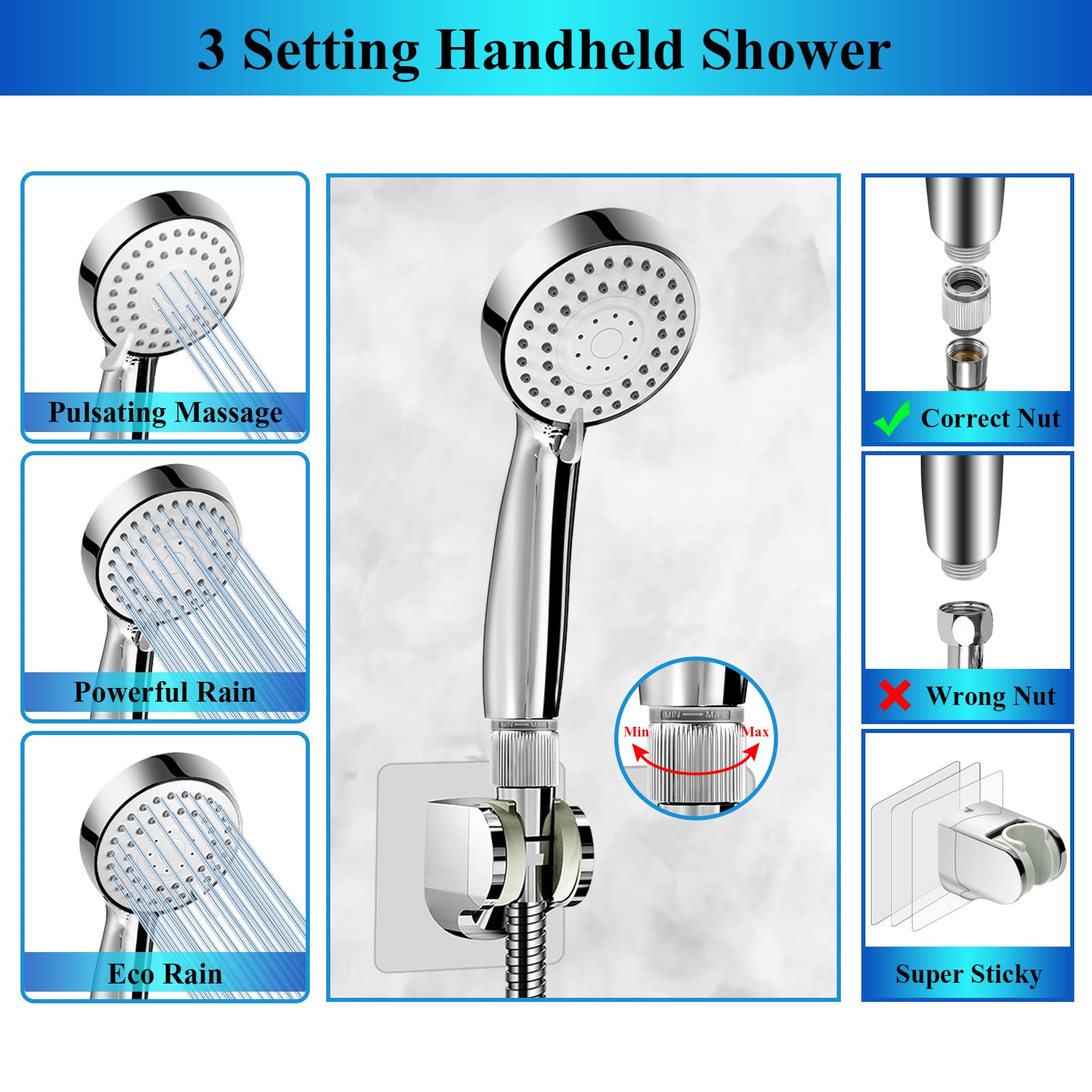 High Pressure Rainfall Shower Head, Rain Head with Height/Angle Adjustable Extension Arm and Handheld Combo, Koeka Flow Stainless Steel Powerful Spray Long Hose