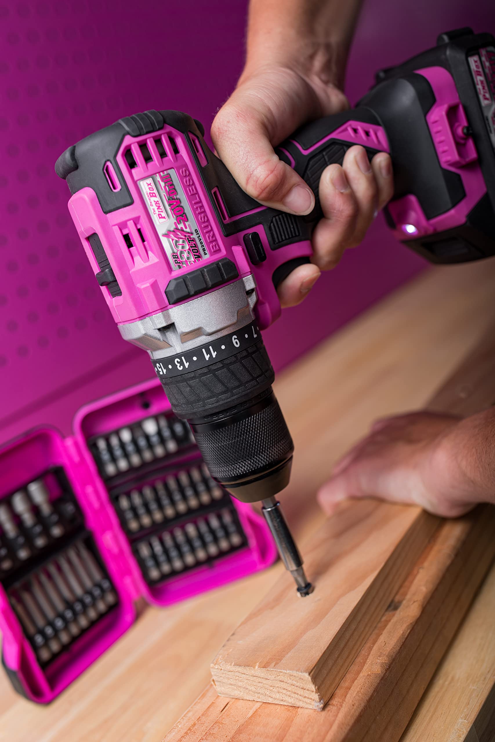 The Original Pink Box 20-Volt Lithium-Ion 1⁄2-Inch Keyless Chuck Brushless Cordless Drill With 2Ah Battery, Pink