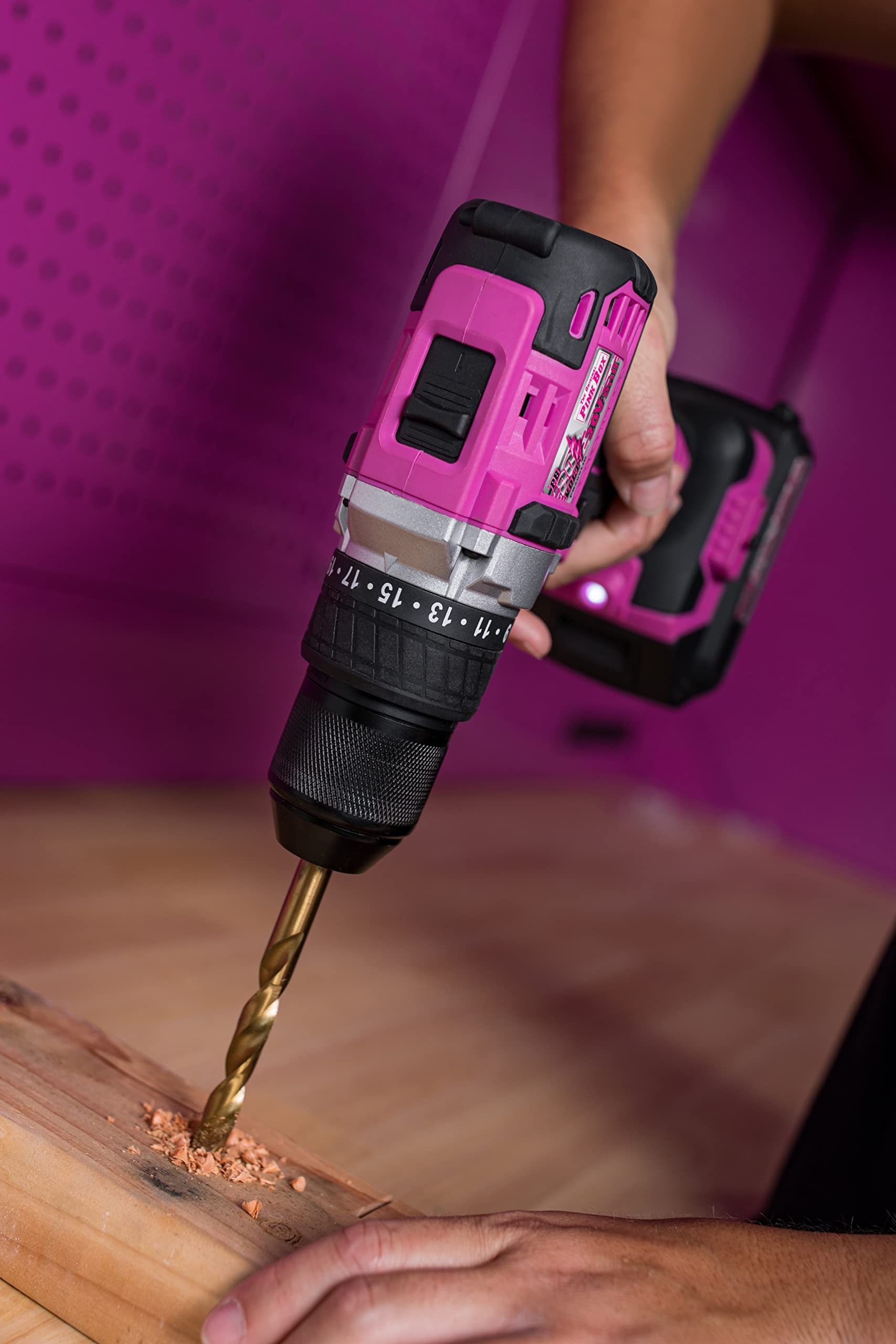 The Original Pink Box 20-Volt Lithium-Ion 1⁄2-Inch Keyless Chuck Brushless Cordless Drill With 2Ah Battery, Pink