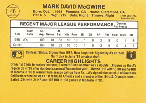 1987 Donruss #46 Mark McGwire Baseball Card - Rated Rookie