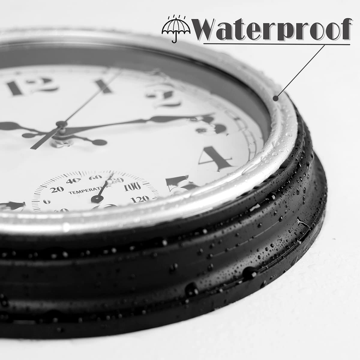 JENLYSTIME 12 Inch Indoor/Outdoor Retro Waterproof Wall Clock with Thermometer Silent Round Quartz Battery Operated Easy to Read Decorative for Kitchen Patio,Bathroom,Deck,Porch,Pool(Silver)