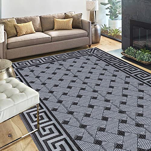 SAND MINE Reversible Mats, Plastic Straw Rug, Modern Area Rug, Large Floor Mat and Rug for Outdoors, RV, Patio, Backyard, Deck, Picnic, Beach, Camping (9' x 12', Black & Grey)