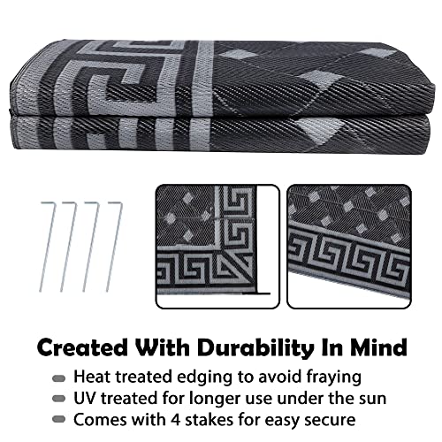 SAND MINE Reversible Mats, Plastic Straw Rug, Modern Area Rug, Large Floor Mat and Rug for Outdoors, RV, Patio, Backyard, Deck, Picnic, Beach, Camping (9' x 12', Black & Grey)