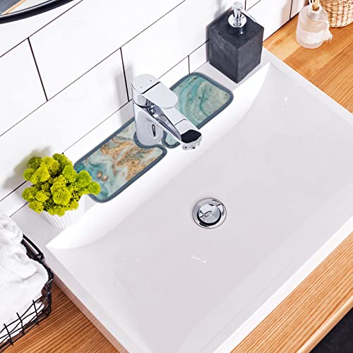 Kitchen Faucet Absorbent Mat 2 Pieces Abstract Golden Turquoise Marble Texture Faucet Sink Splash Guard Bathroom Counter and RV,Faucet Counter Sink Water Stains Preventer