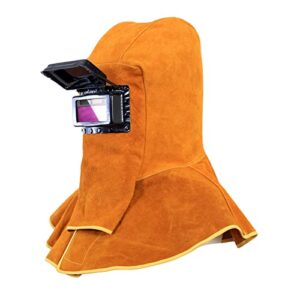 leather welding helmet mask, welder mask with solar auto darkening filter lens breathable welding protective mask golden cowhide split leather welding hood, work cap (full head)