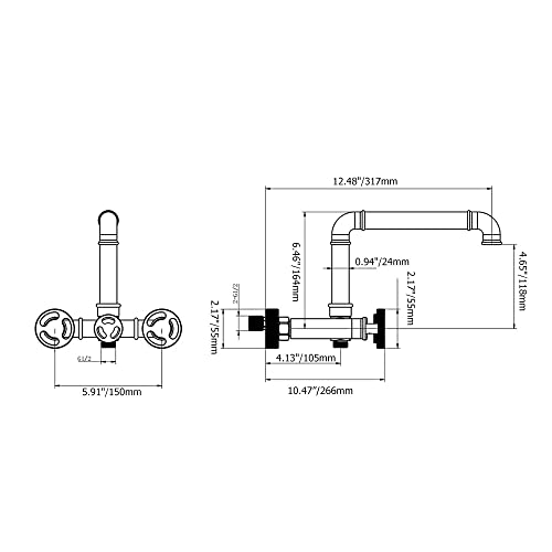 Yawhite Modern Industrial Pipe Wall Mounted Bathtub Filler Faucet with Hand Shower ,3-Handle Tub Faucet Swivel Spout Kit,High Pressure Rough in Valve Solid Brass Black