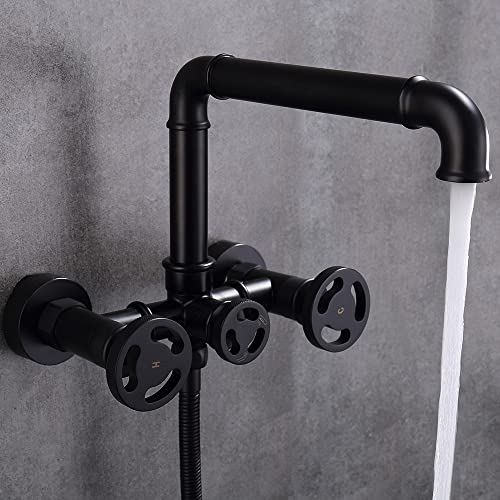 Yawhite Modern Industrial Pipe Wall Mounted Bathtub Filler Faucet with Hand Shower ,3-Handle Tub Faucet Swivel Spout Kit,High Pressure Rough in Valve Solid Brass Black