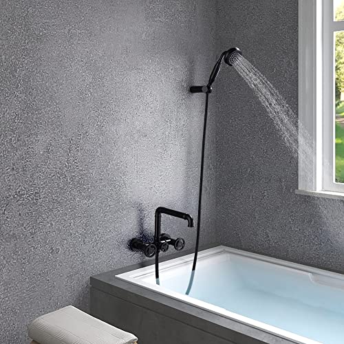 Yawhite Modern Industrial Pipe Wall Mounted Bathtub Filler Faucet with Hand Shower ,3-Handle Tub Faucet Swivel Spout Kit,High Pressure Rough in Valve Solid Brass Black