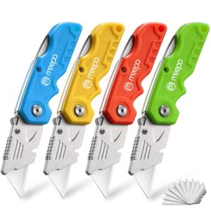 m meepo box cutter, 4-pack tough folding box cutter for heavy duty purpose, razor sharp blade, comfortable handle, with extra 10-piece blades, can cut drywall, sheet plastic, linoleum, boxes, rope