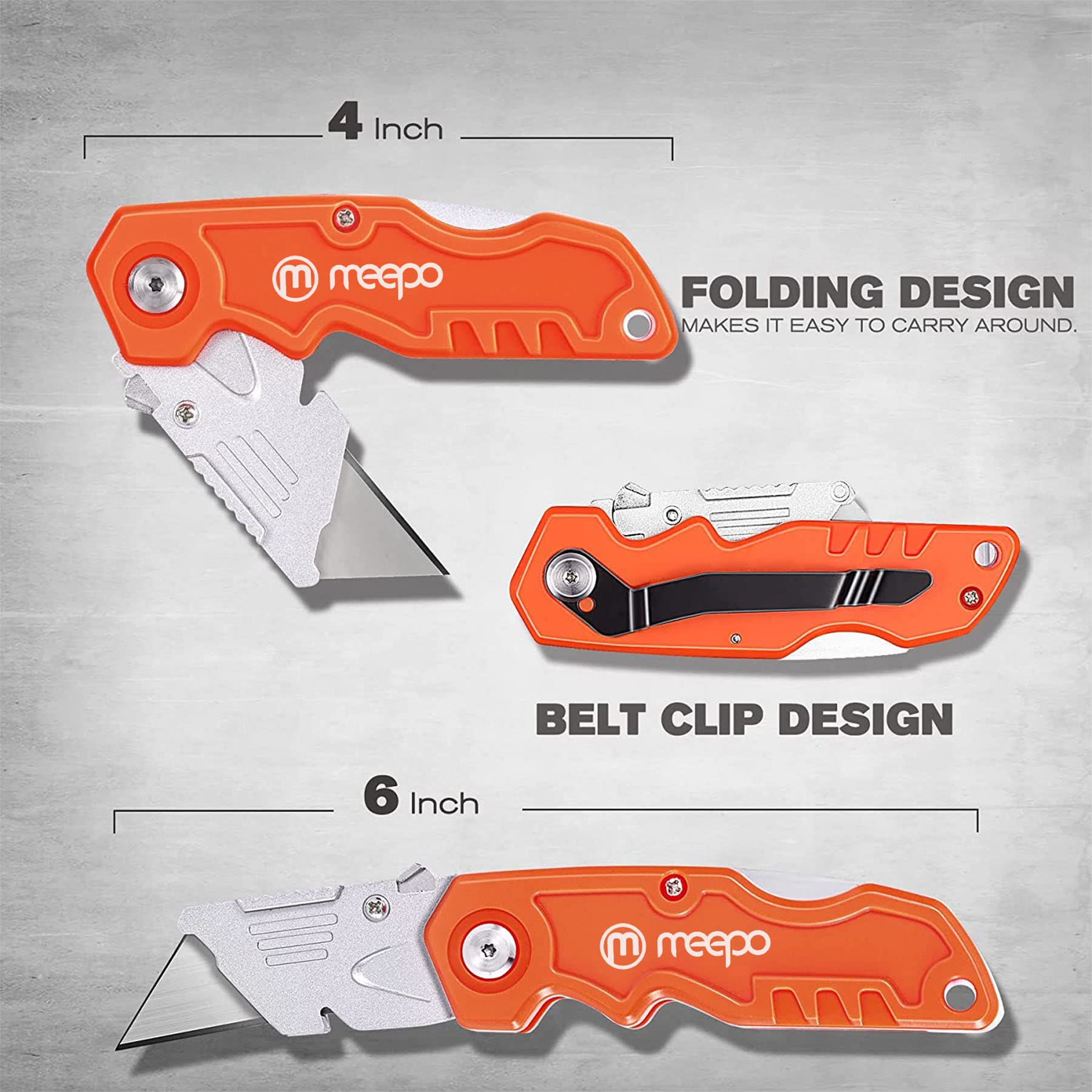 M MEEPO Box Cutter, 4-Pack Tough Folding Box Cutter for Heavy Duty Purpose, Razor Sharp Blade, Comfortable Handle, with Extra 10-Piece Blades, Can cut Drywall, Sheet Plastic, Linoleum, Boxes, Rope