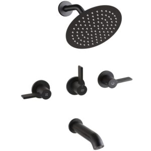 matte black 3 handle shower faucet set with tub spout, tub and shower trim kit with rough-in valve, bathroom rain mixer shower system, rainfall bathtub shower faucets