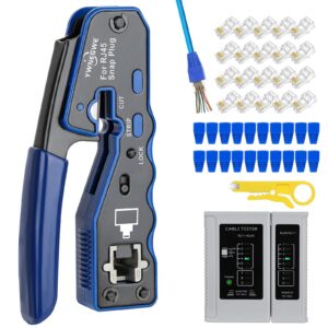 rj45 crimp tool kit pass thru ethernet crimper for cat5e cat6 cat6a 8p8c modular connectors, all-in-one cat6 crimping tool and tester(9v battery not included)