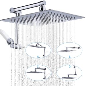 g-promise rain shower head with 13" adjustable extension arm | high pressure all metal rainfall showerhead | 10" luxury modern look square large waterfall showerhead (chrome)