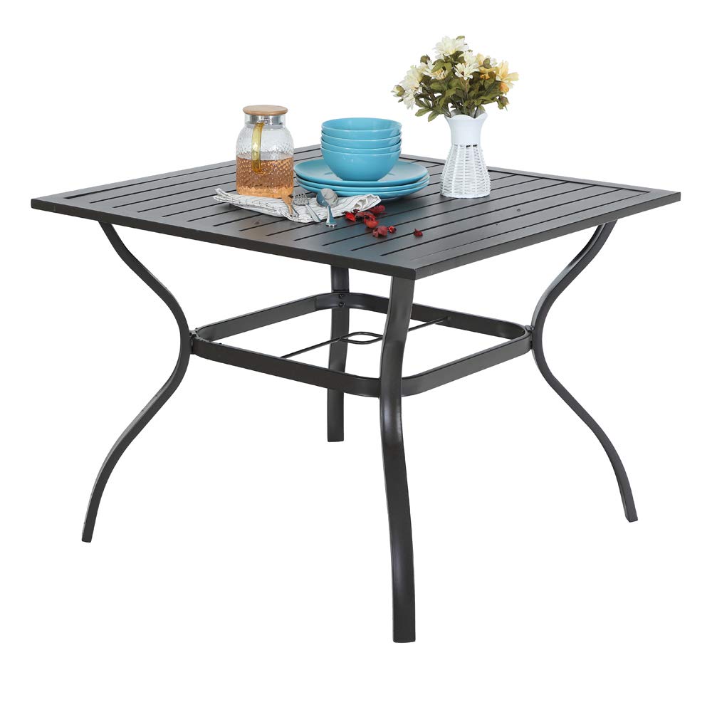 Sophia & William 37" Square Patio Outdoor Dining Table with 1.57" Umbrella Hole, All-Weather Resistant Table with E-Coating for 4 People, Black Metal Steel Slated Table for Garden Backyard Poolside